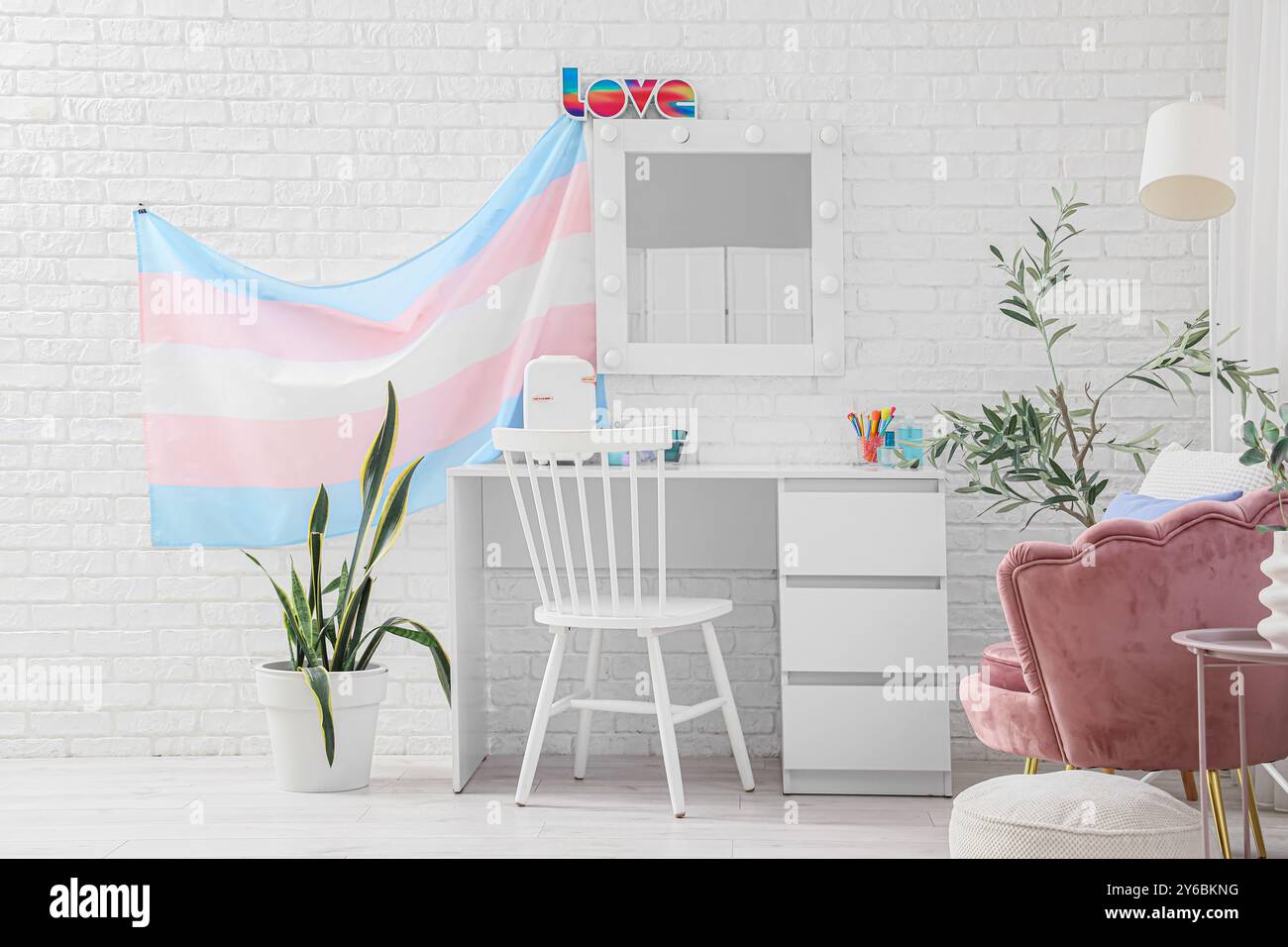 Interior of makeup room with table, armchair and transgender flag Stock ...