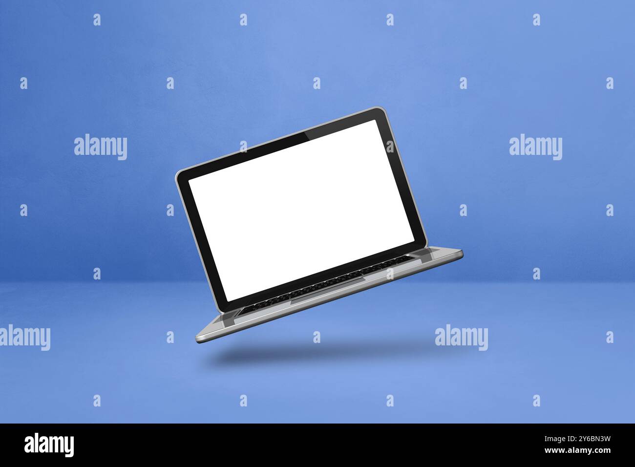 Blank computer laptop floating over a blue background. 3D isolated ...