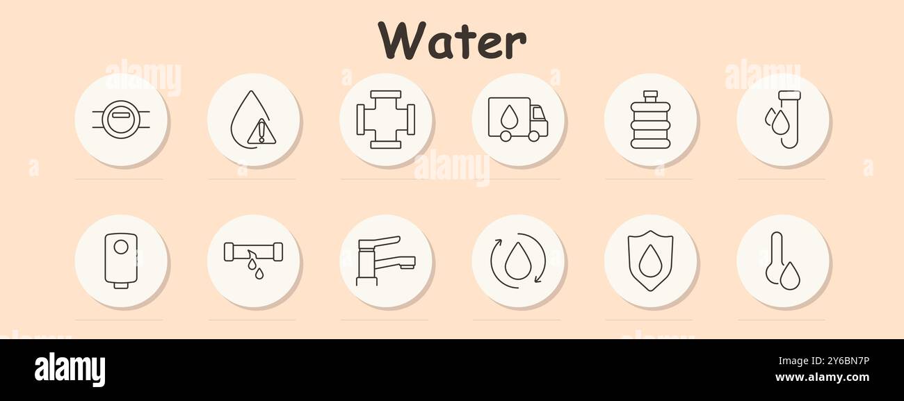 Water set icon. Droplet with warning, pipes, faucet, truck, bottle, lab ...