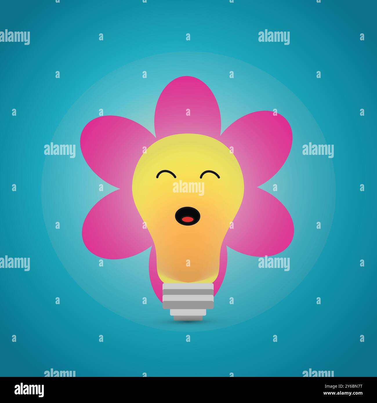 Happy light bulb surrounded by flower petals, symbol of energy and ...