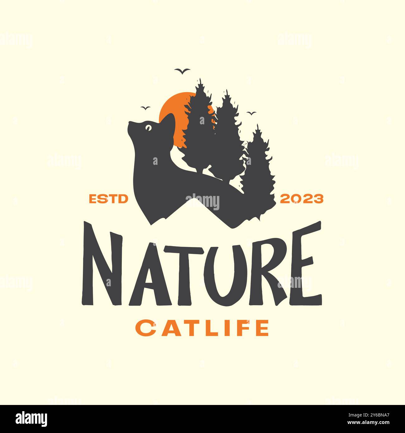 cat forest nature wildlife jungle pine trees vintage old mascot logo ...