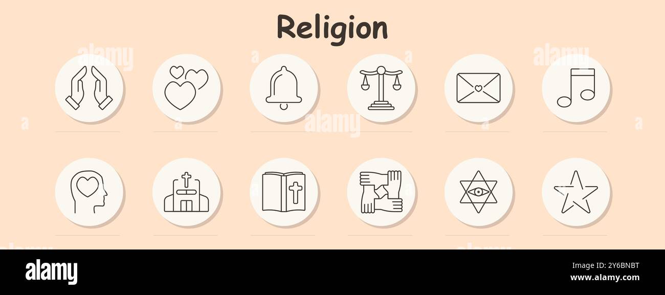 Religion set icon. Praying hands, heart, church, Bible, scales, bell ...