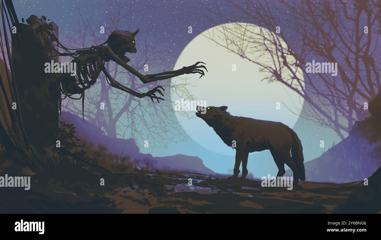 A haunting graphic of a wolf meeting a ghost in a dark, eerie cemetery ...