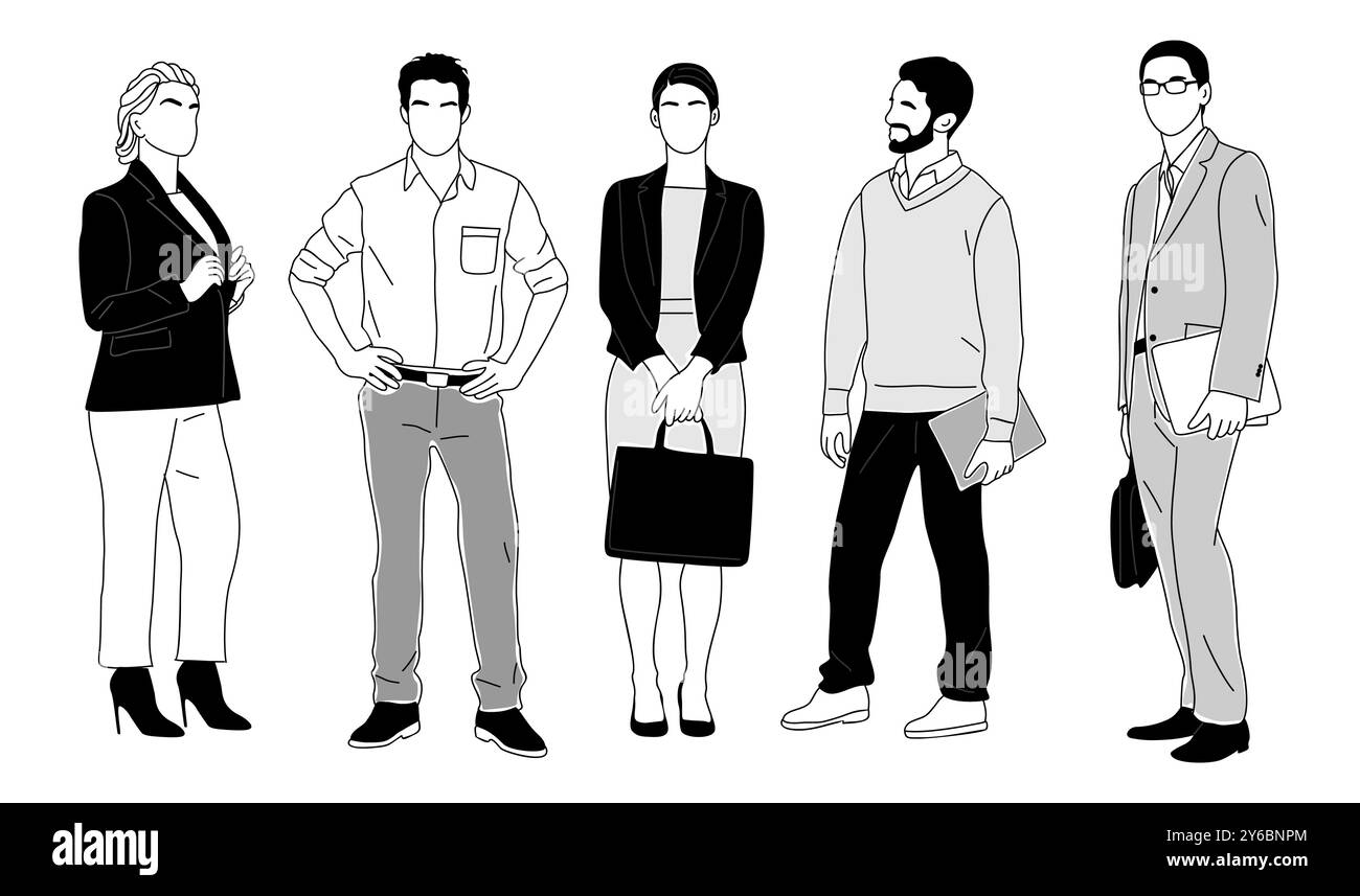 Set Of Different Business People Standing Full Length Line Art Drawing Group Of Men And Women