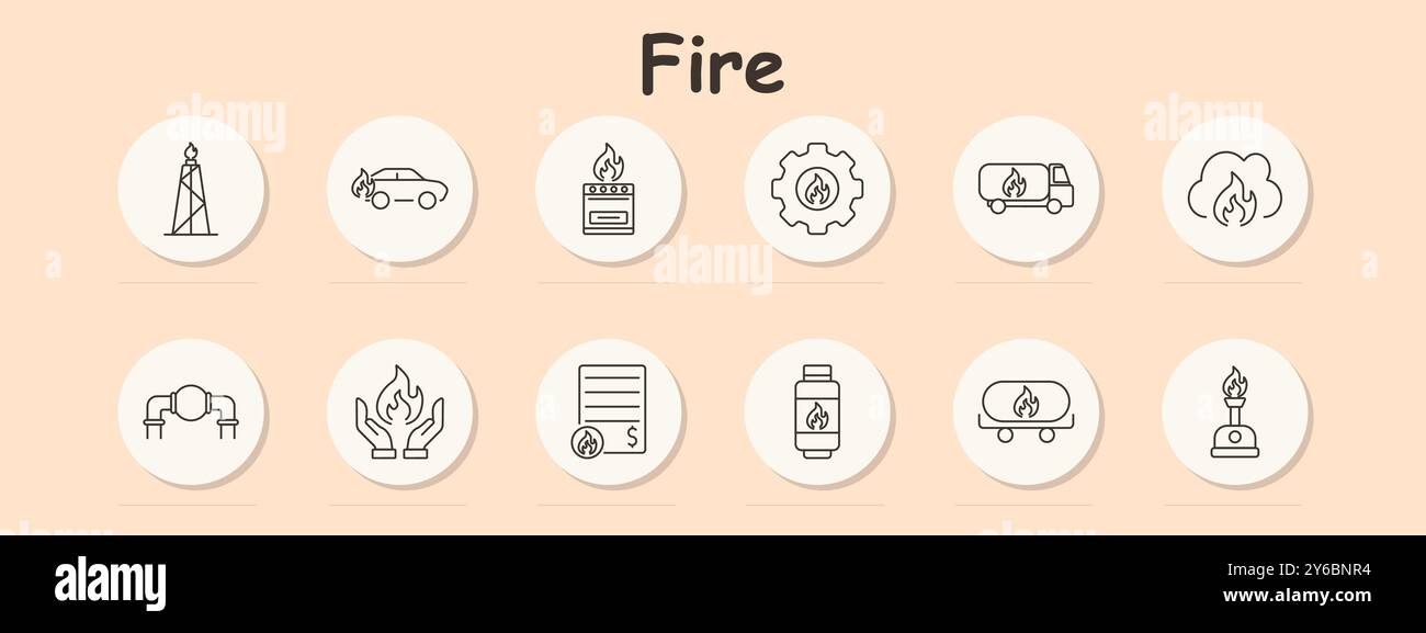 Fire set icon. Burning car, stove on fire, gear with flame, truck ...