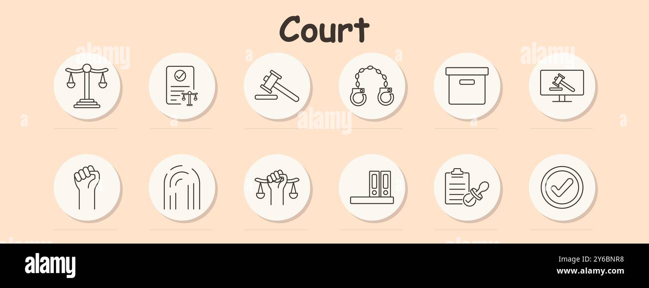 Court set icon. Gavel, scales, handcuffs, document with checkmark ...