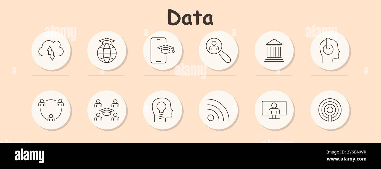 Data set icon. Global education, online learning, magnifier, university ...