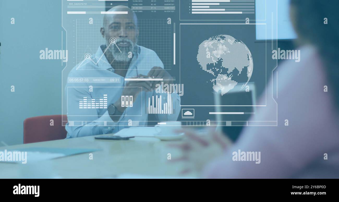 Image of charts processing data over happy diverse colleagues talking ...