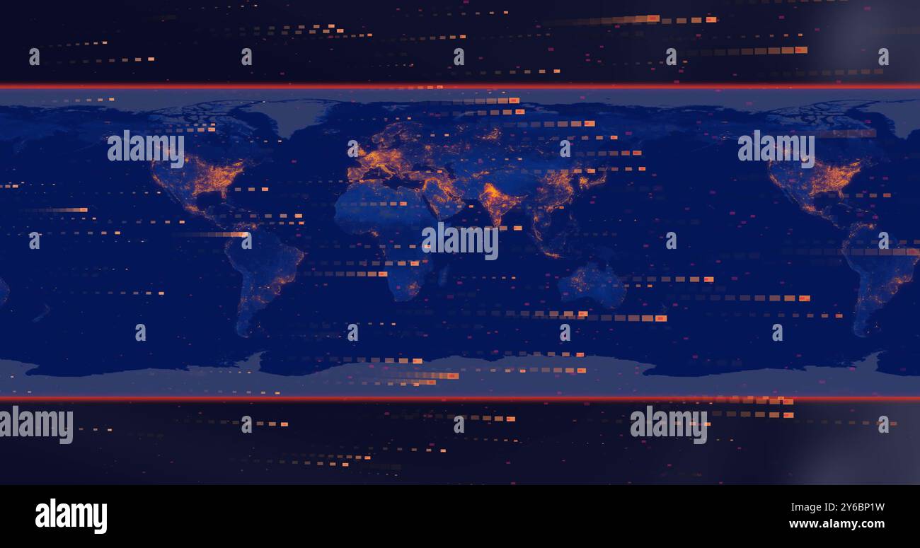 Image of orange data trails processing over blue world map and black borders Stock Photo - Alamy