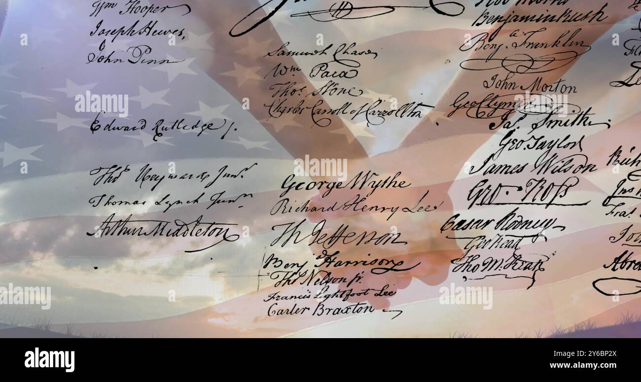 Image of american flag and declaration over caucasian couple holding ...