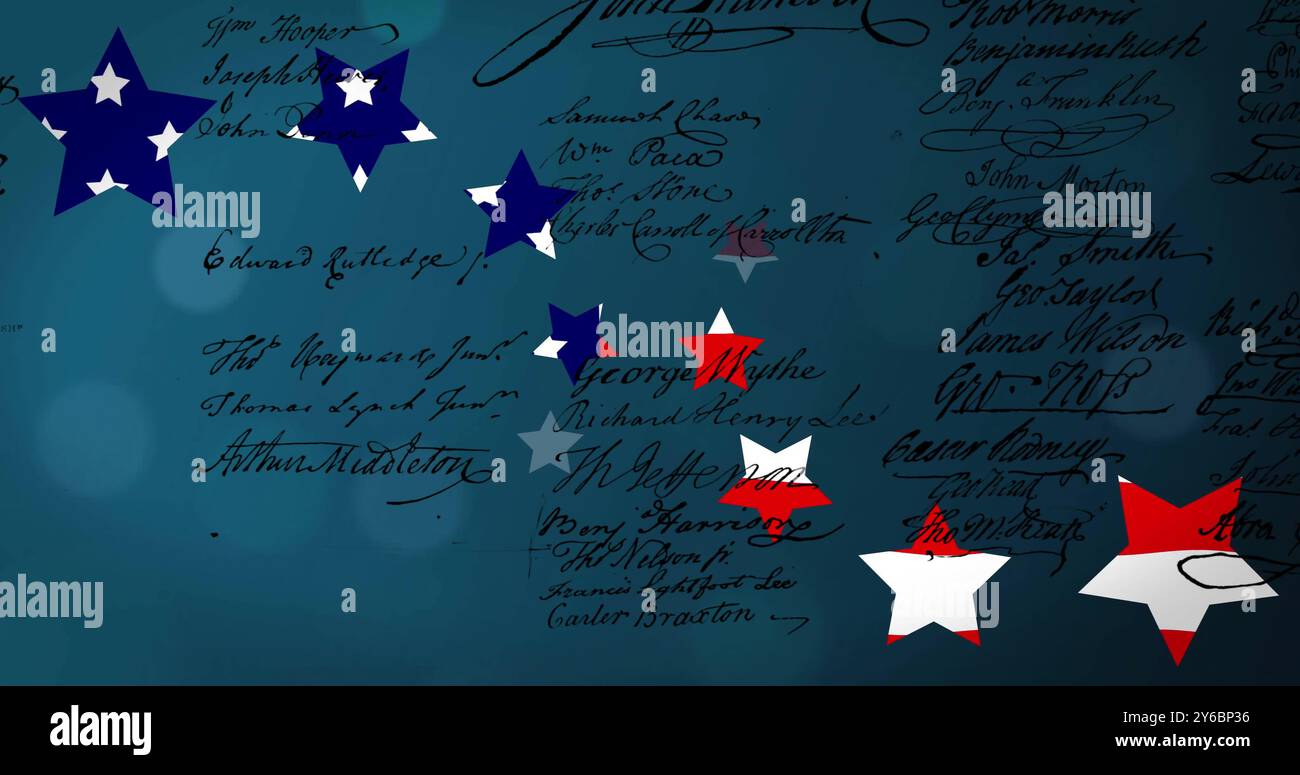 Image of stars and stripes of american flag over declaration of ...