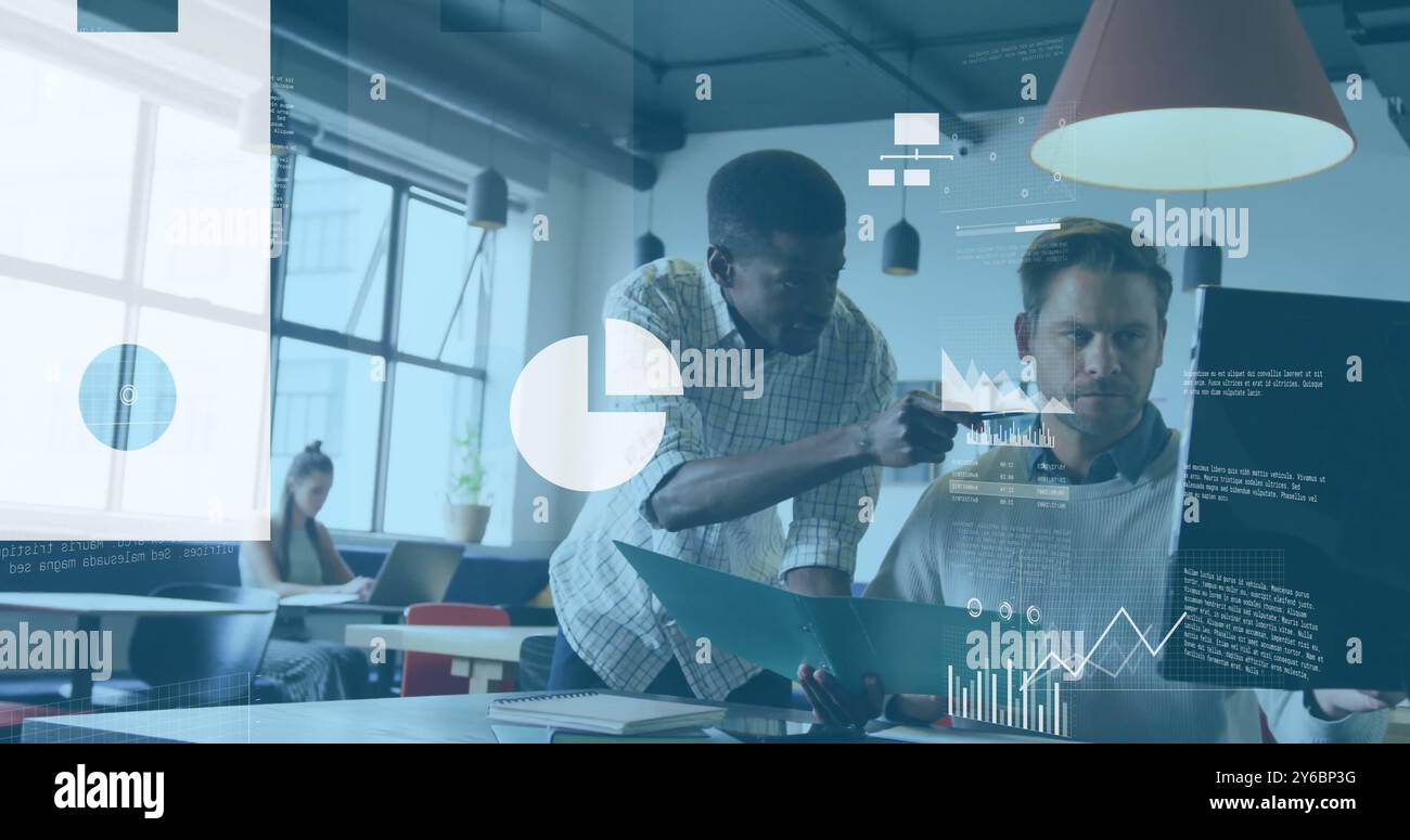 Image Of Charts And Processing Data Over Diverse Male Colleagues