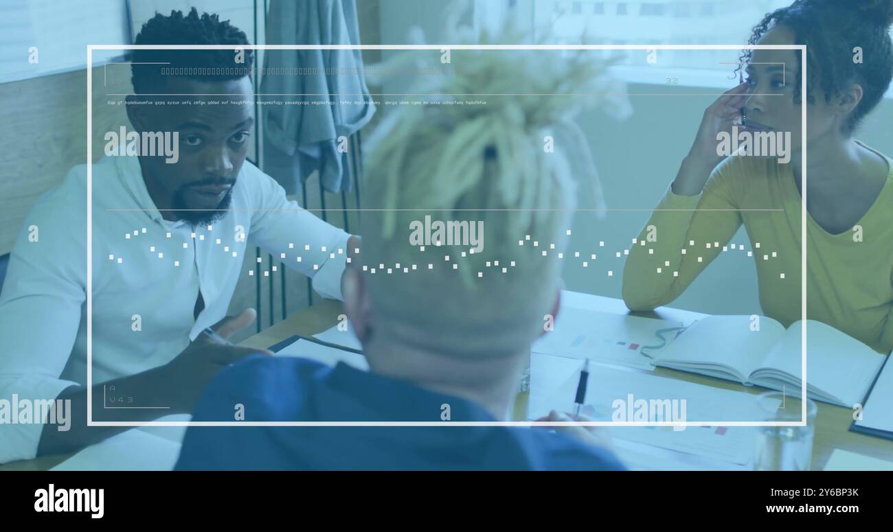 Image of chart processing data over happy diverse colleagues talking at ...