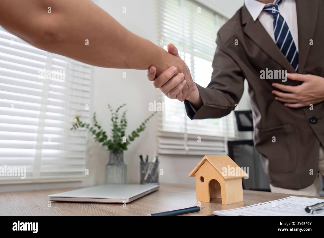 Real Estate Agent Sealing Client Deal with Handshake, Emphasizing ...