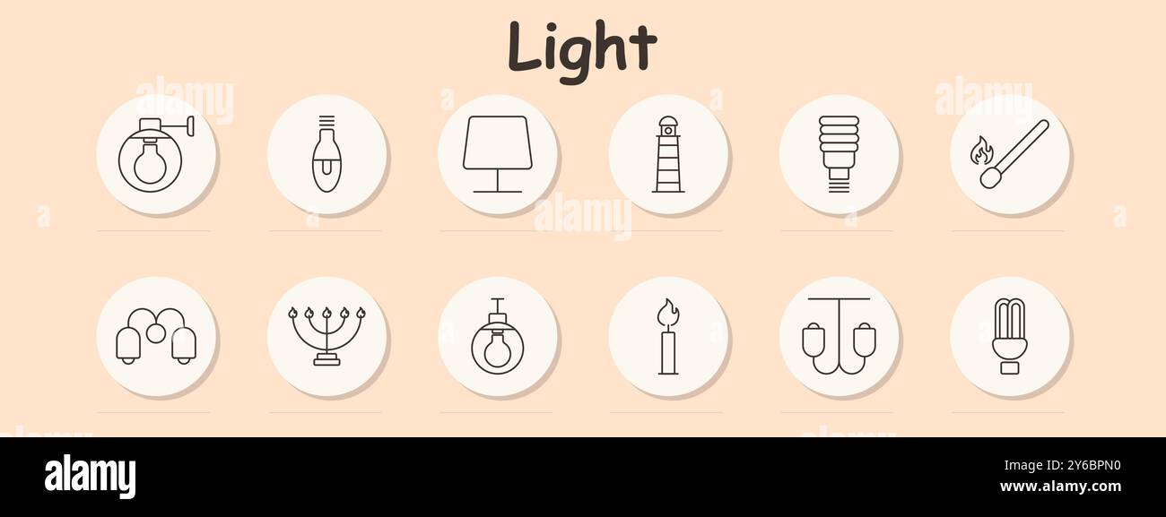 Light set icon. Lightbulb, match, lamp, lighthouse, chandelier, candle ...