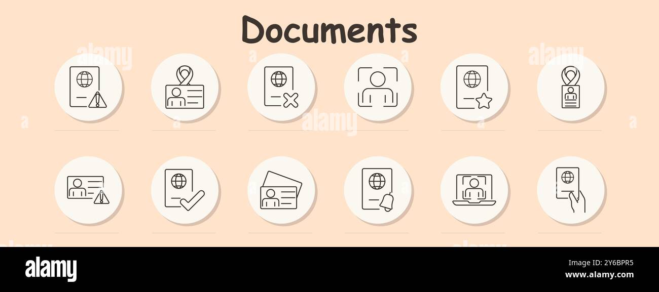 Documents set icon. ID card, verification, time, rejection, approval ...