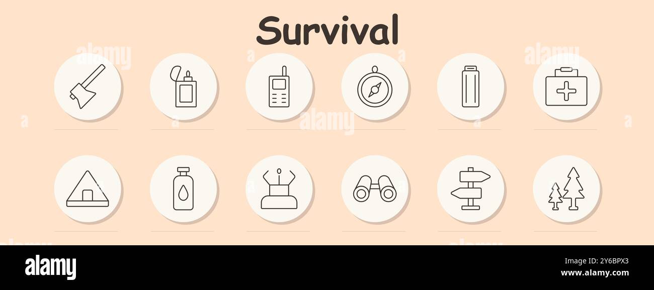 Survival set icon. Lighter, radio, compass, first aid, water bottle ...