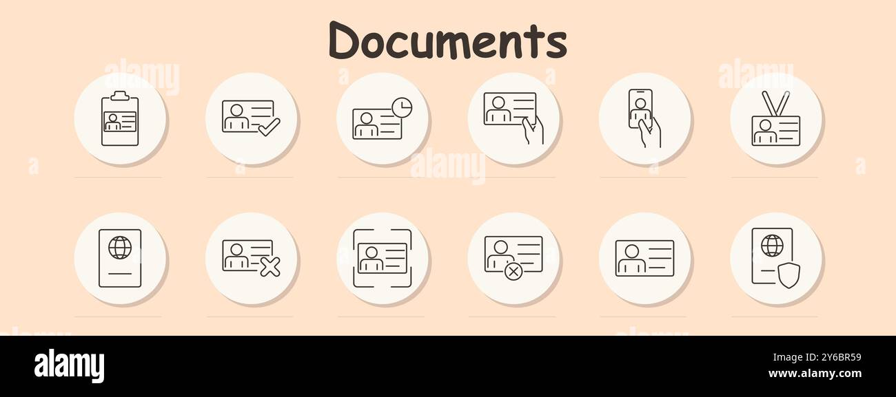 Documents set icon. Clipboard, ID card with checkmark, clock with card ...
