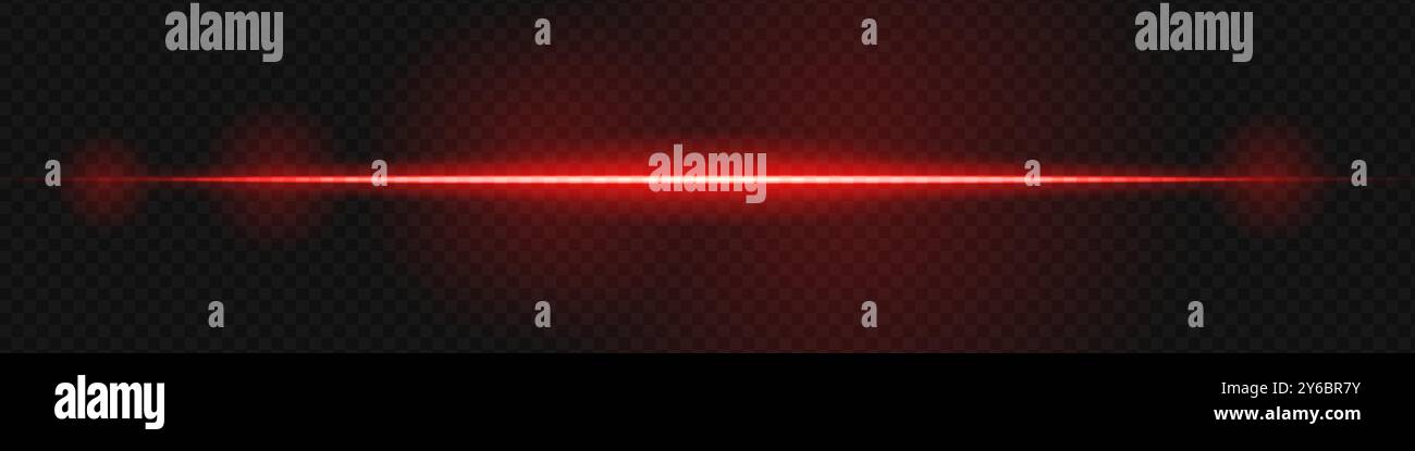 Glowing red laser beam horizontally across a dark transparent ...