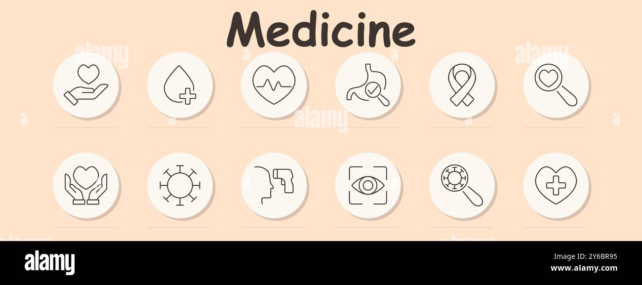 Medicine set icon. Heart in hand, blood drop, heart health, stomach ...
