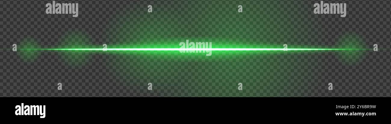 Glowing green laser beam horizontally across a dark transparent ...