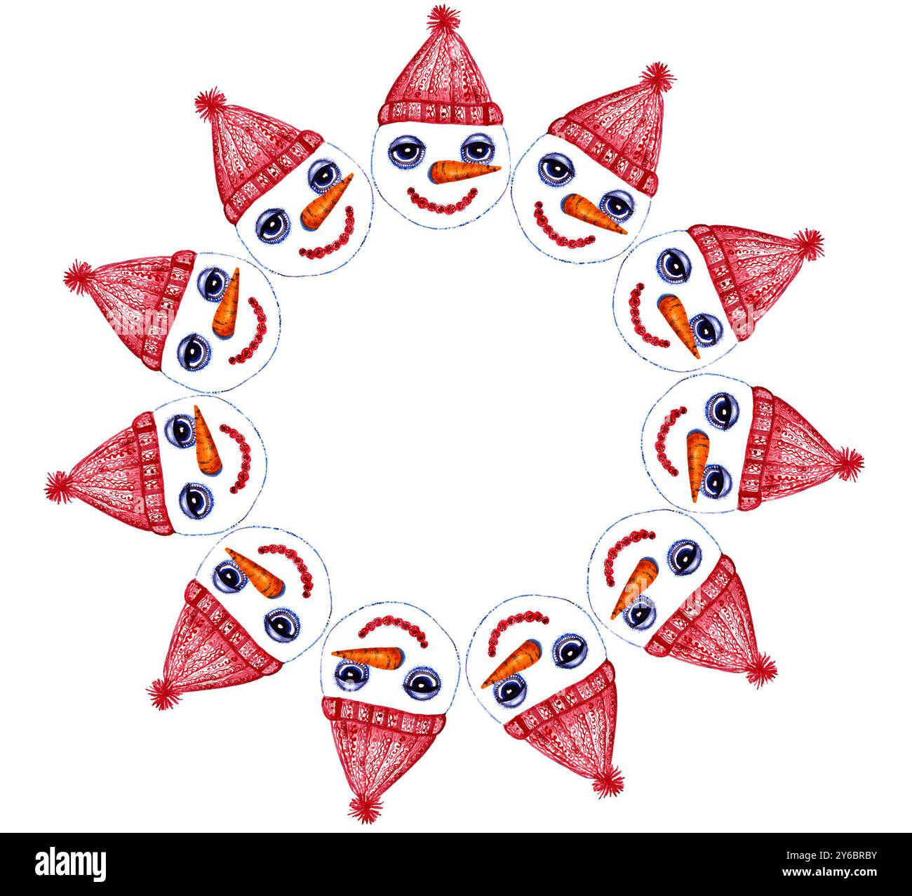 Round frame with portraits of snowmen. Watercolor illustration. White ...