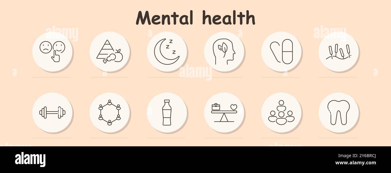 Mental health set icon. Emotions, nutrition pyramid, sleep, ear with ...