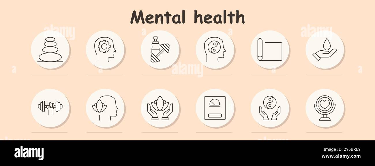 Mental health set icon. Balanced stones, cog in head, dumbbells, mind ...