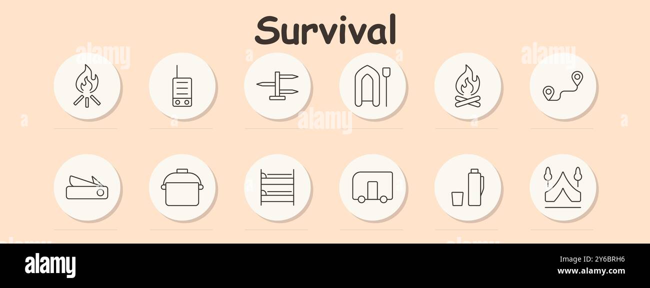 Survival set icon. Radio, direction sign, raft, campfire, route, pot ...