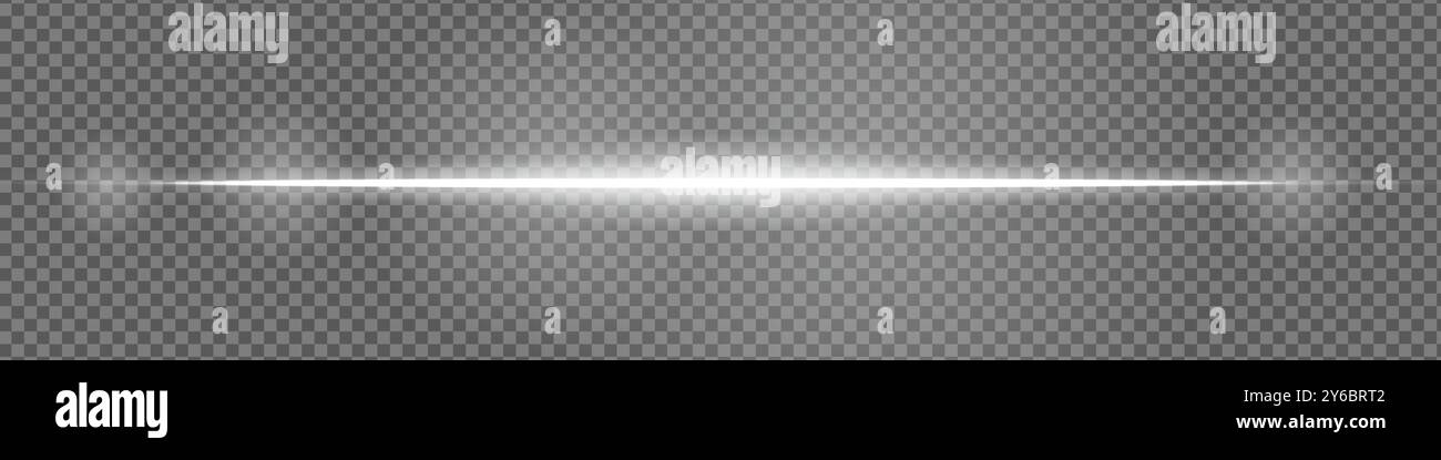 Glowing white laser beam horizontally across a dark transparent ...