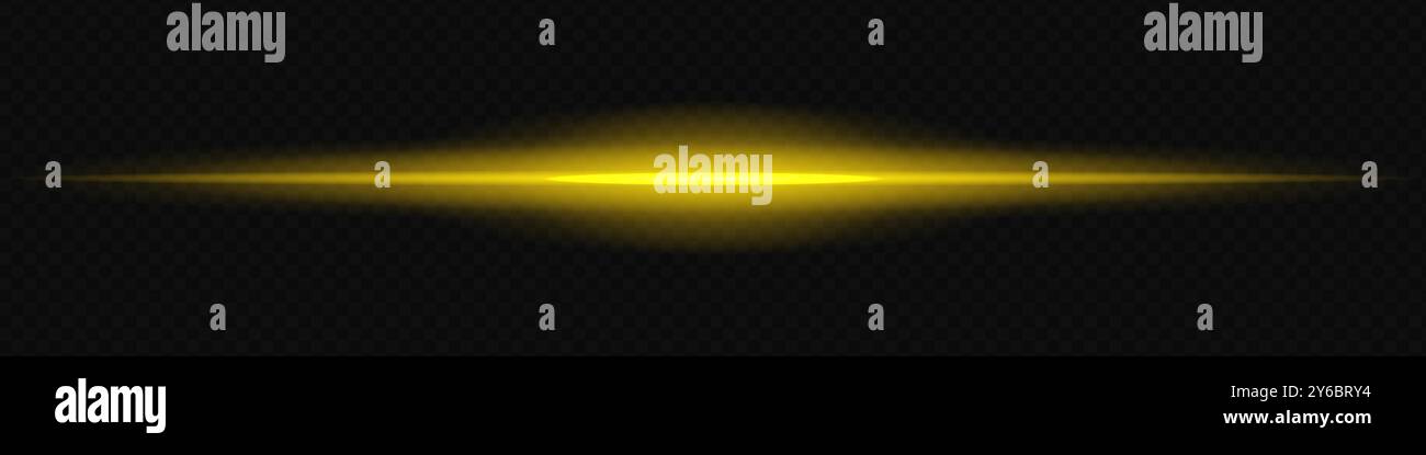 Glowing yellow laser beam horizontally across a dark transparent ...