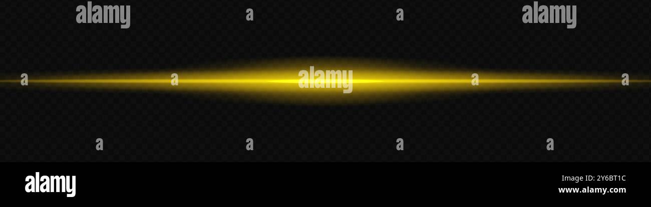 Glowing yellow laser beam horizontally across a dark transparent ...