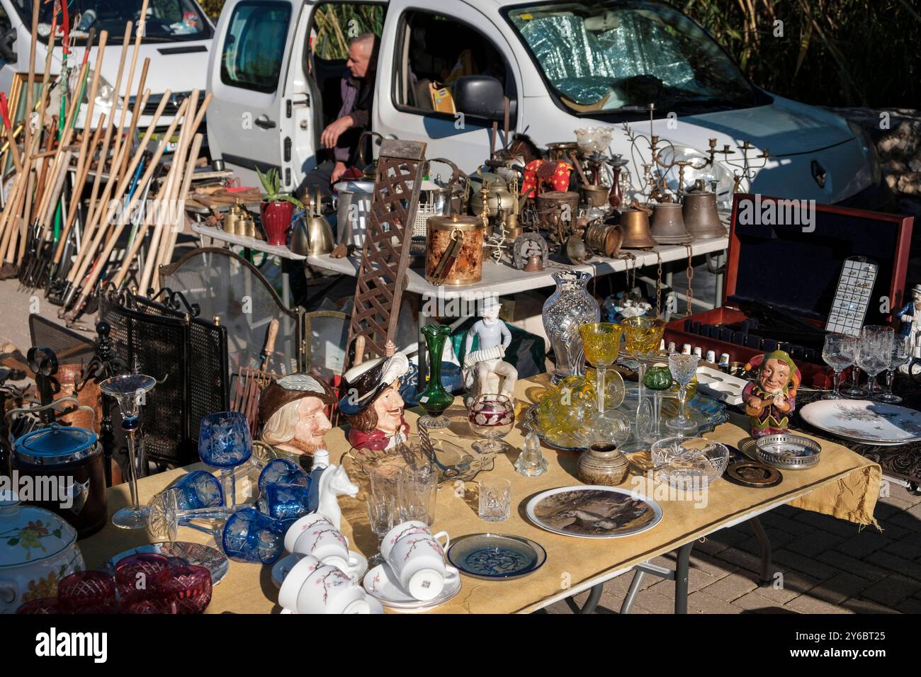 outdoor table of flea market stand in Jalon, Spain *** outdoor table of ...