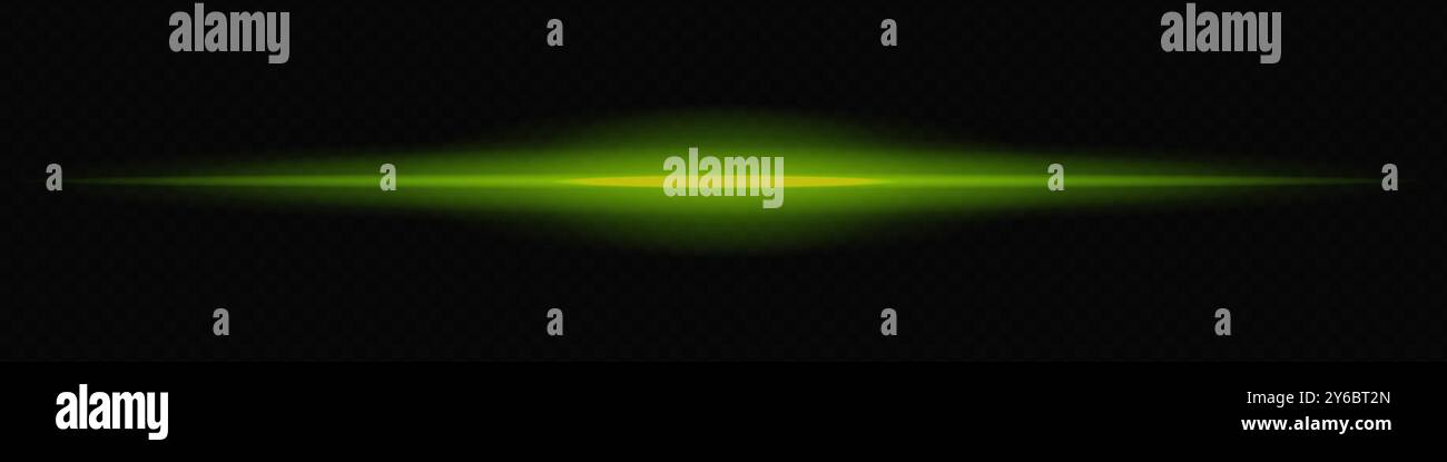 Glowing green laser beam horizontally across a dark transparent ...