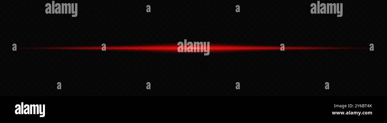 Glowing red laser beam horizontally across a dark transparent ...