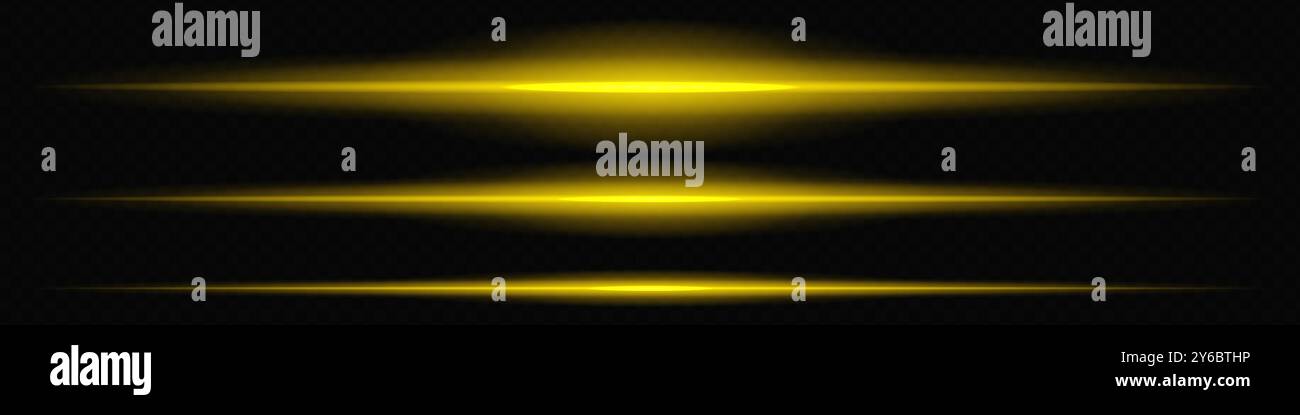 Glowing yellow laser beam horizontally across a dark transparent ...