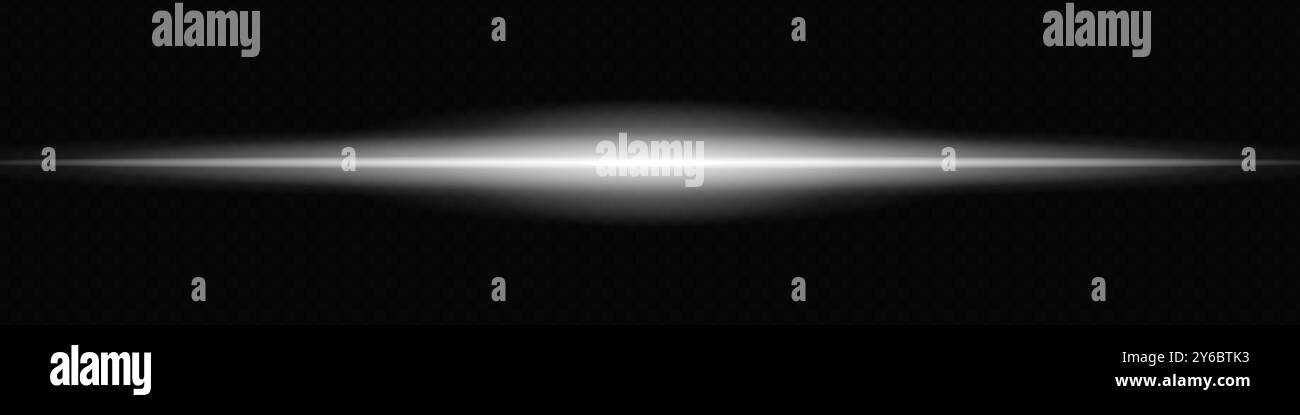 Glowing white laser beam horizontally across a dark transparent ...