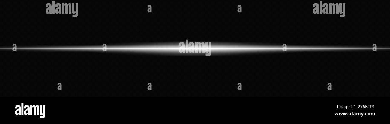 Glowing white laser beam horizontally across a dark transparent ...