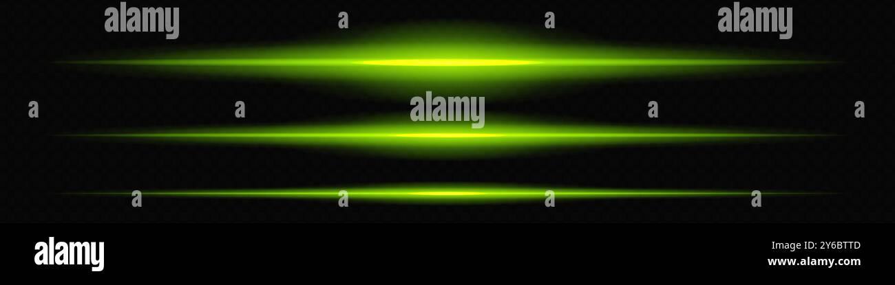 Glowing green laser beam horizontally across a dark transparent ...