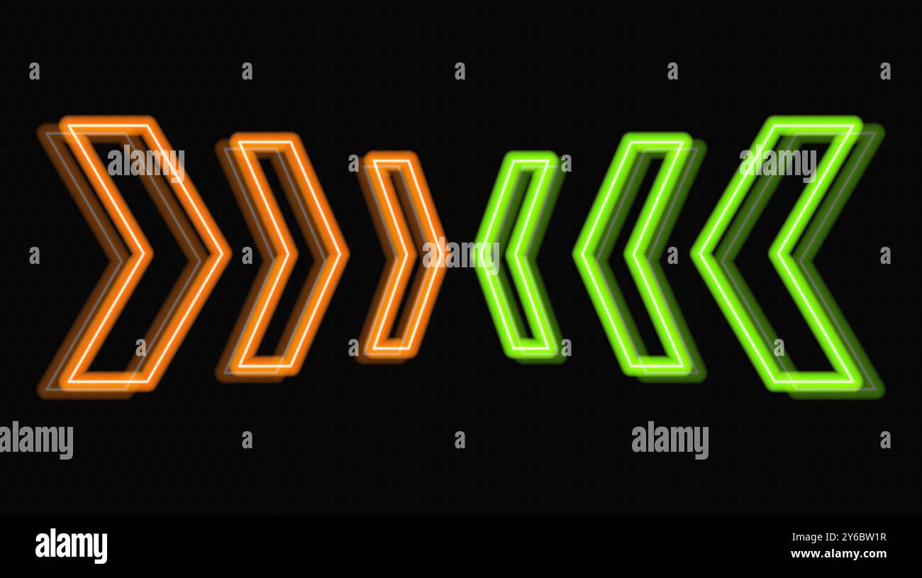 Glowing neon arrows in orange and green on a transparent background ...