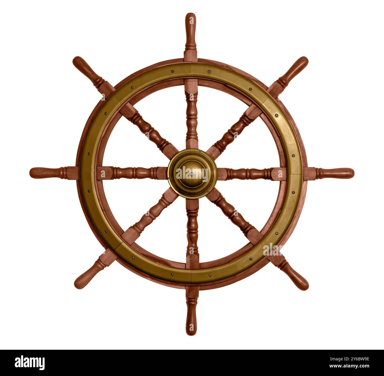 Frontal shot showing the wooden steering wheel of a ship isolated in ...