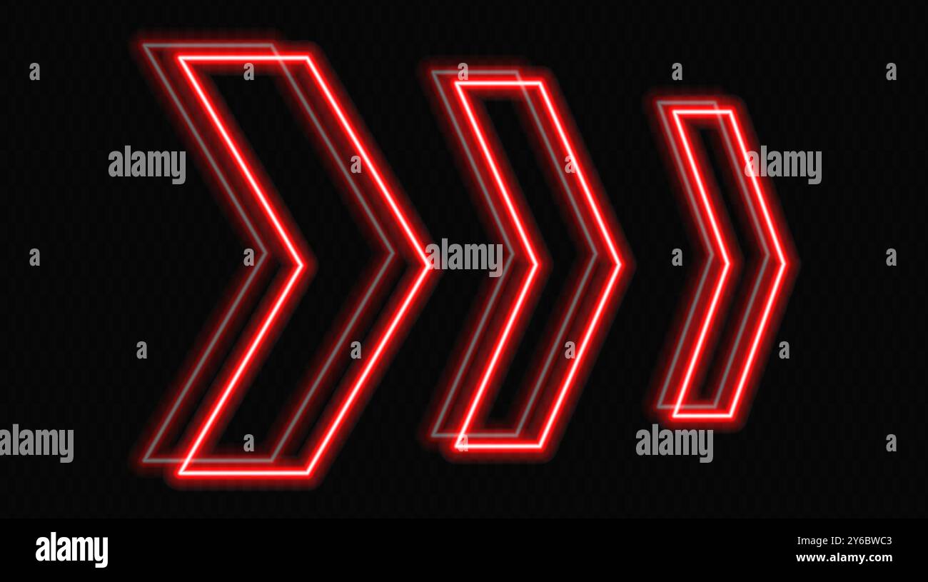 Glowing neon arrows in red on a transparent background, pointing in ...