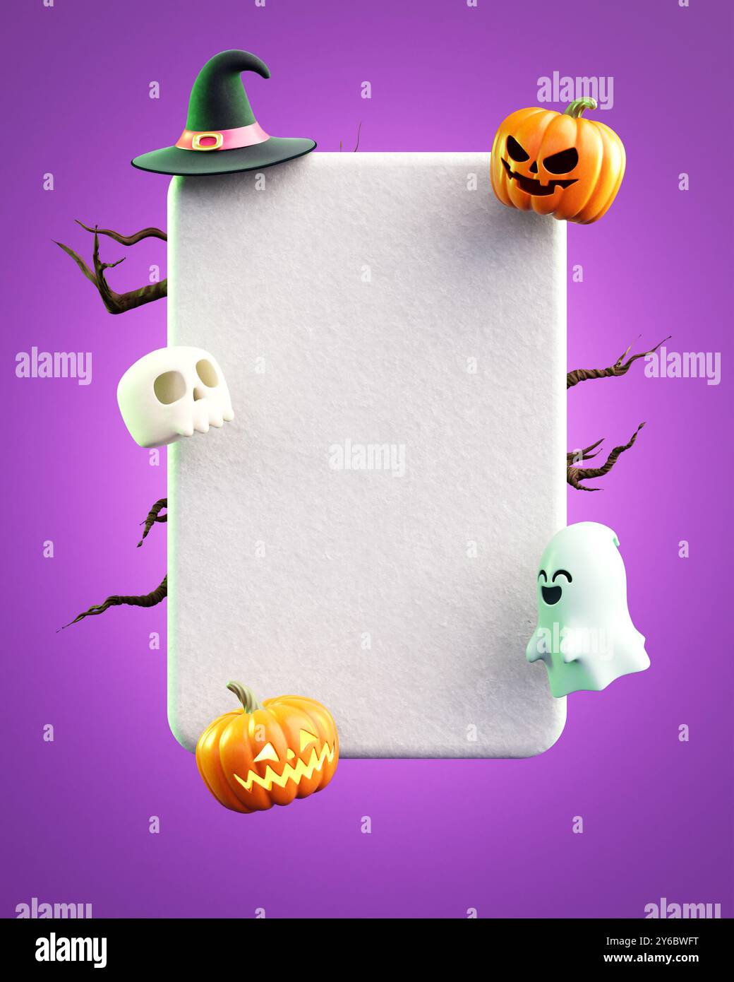 A blank text box for Happy Halloween message with pumpkins, witch hat ...