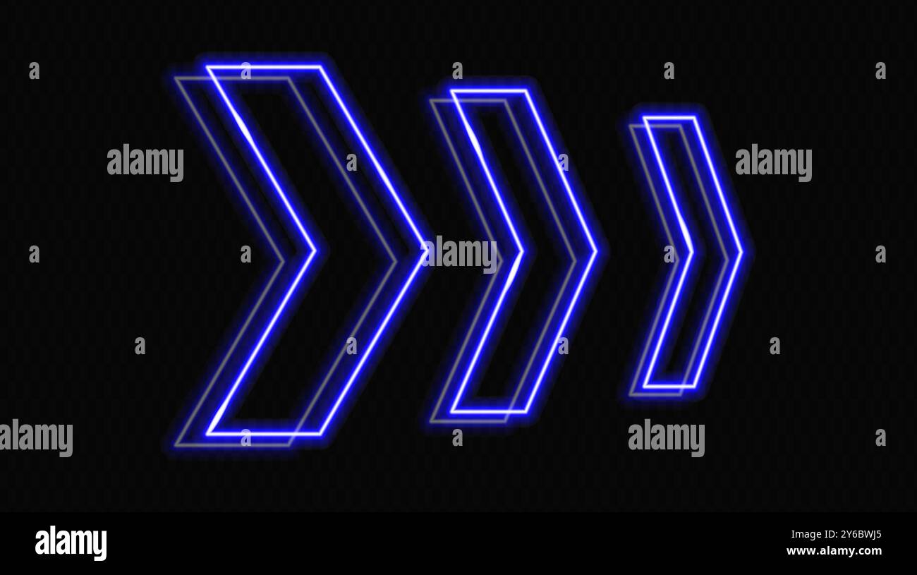 Glowing neon arrows in blue on a transparent background, pointing in ...