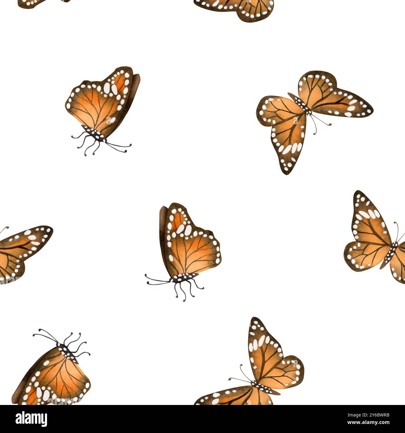Orange Monarch butterflies with spots watercolor seamless pattern on ...