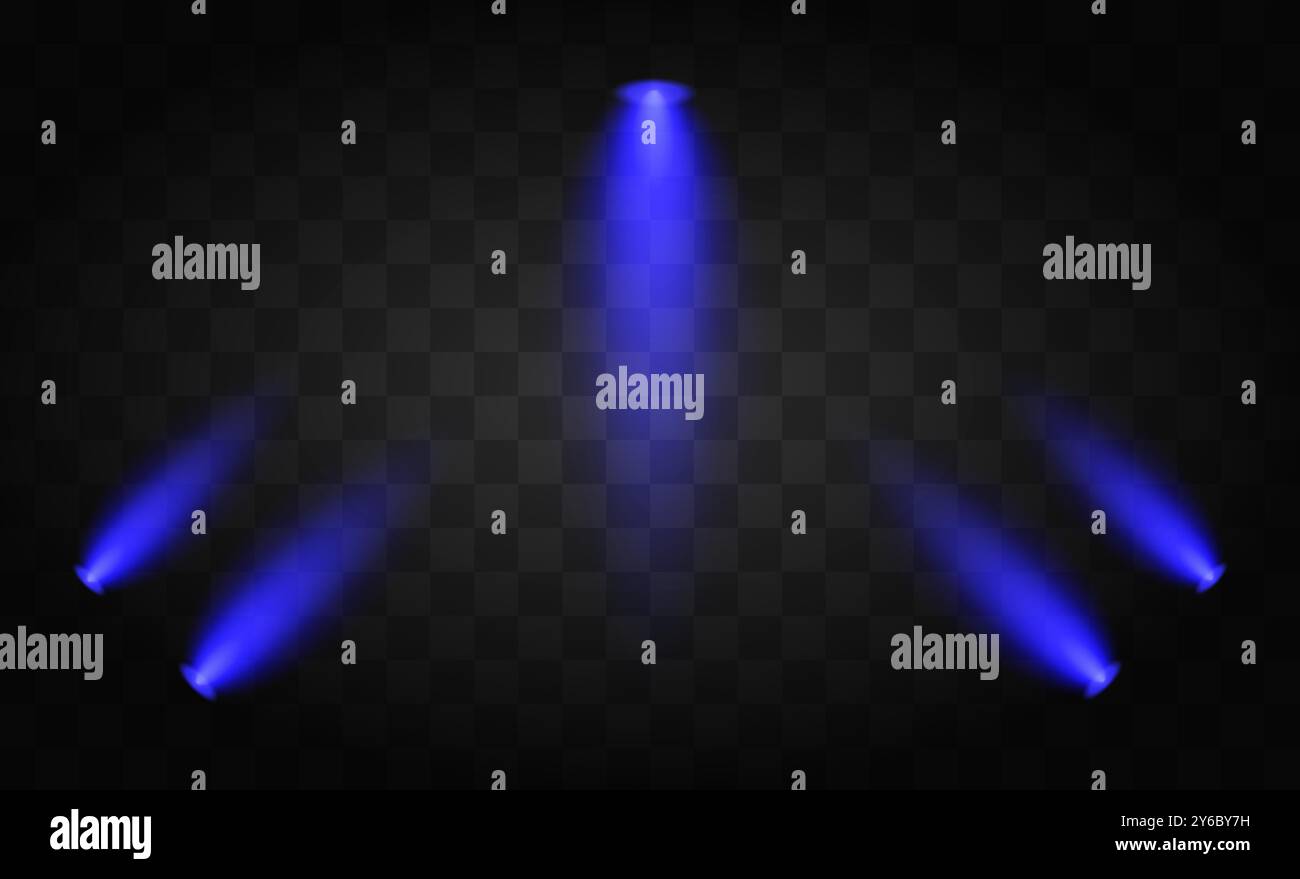 Three blue soft spotlight beams on a transparent background. Glowing ...