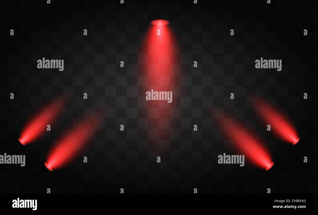 Three red soft spotlight beams on a transparent background. Glowing ...