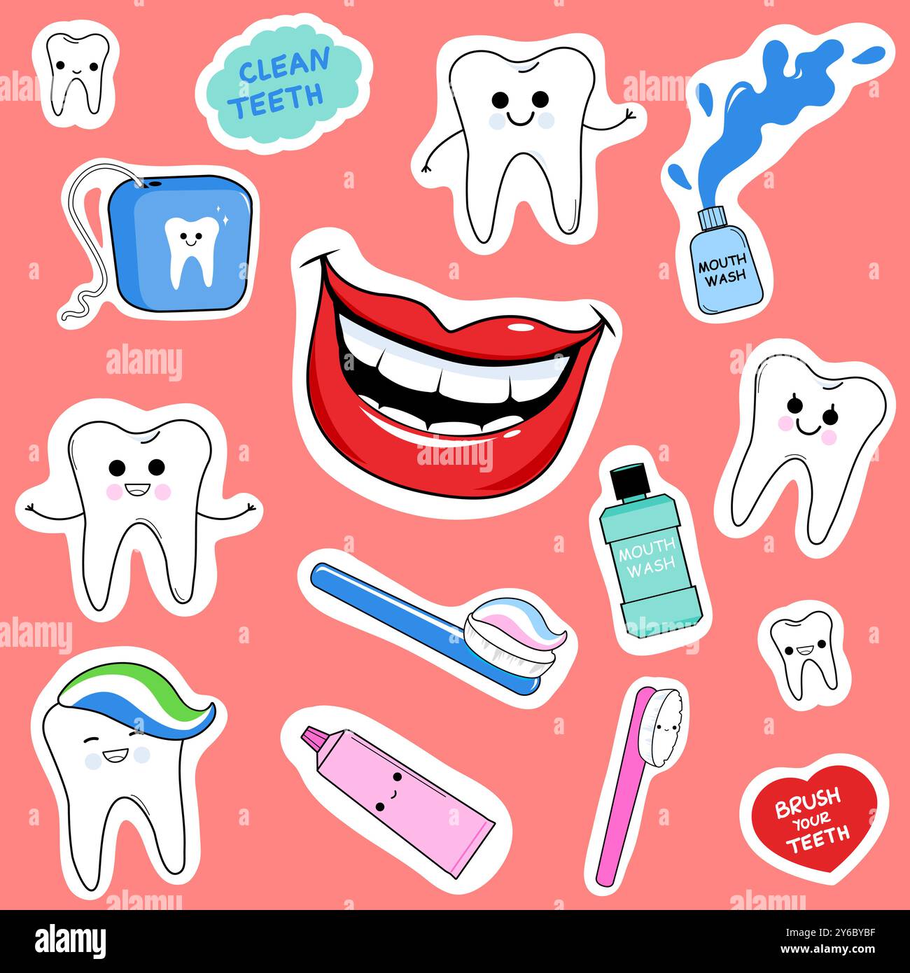 Dental hygiene sticker set with cute cartoon teeth. Children dentistry ...