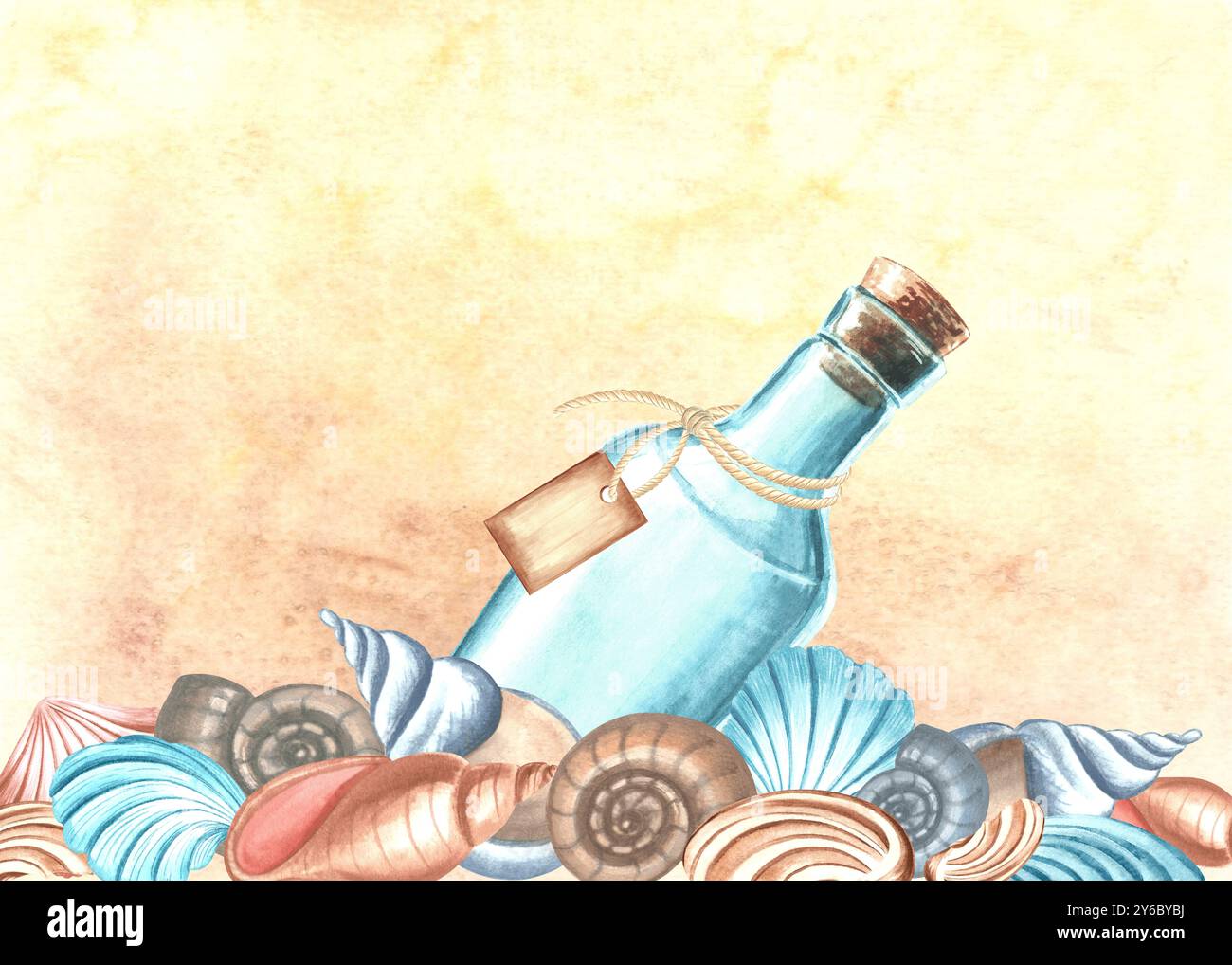 Message in a bottle with wooden label on seashells and sand background ...