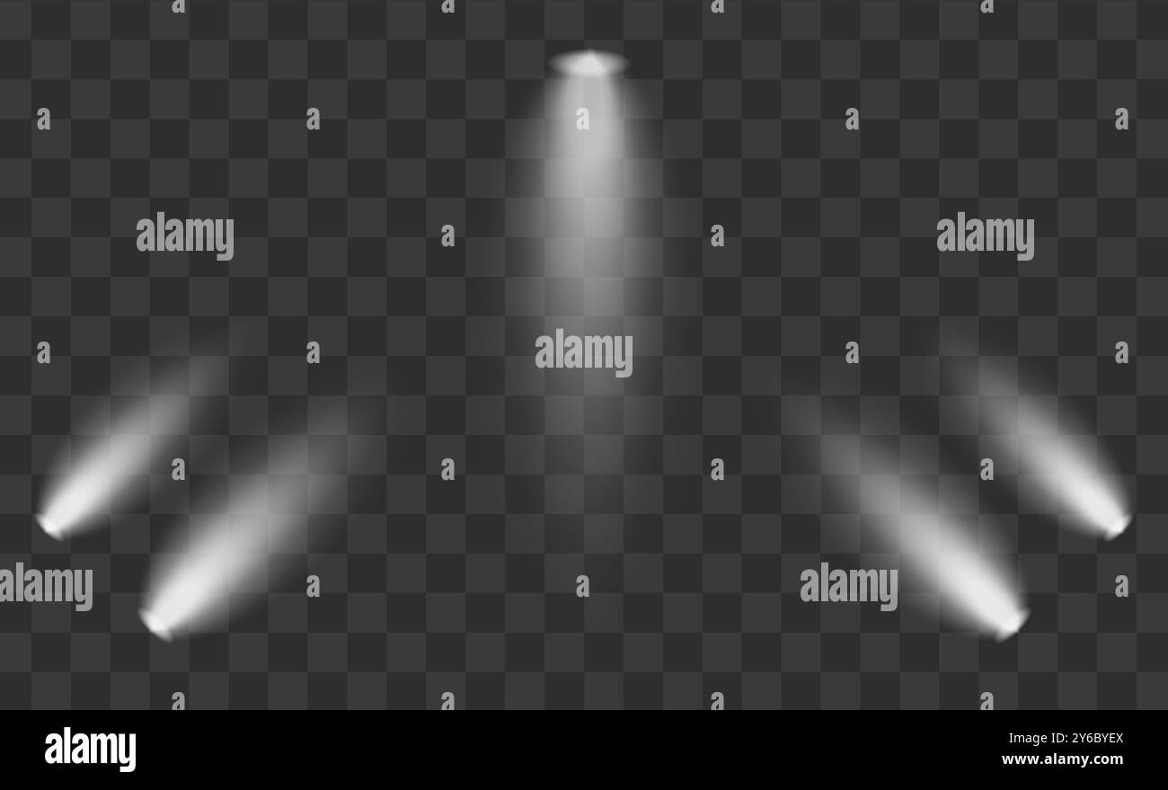 Three white soft spotlight beams on a transparent background. Glowing ...